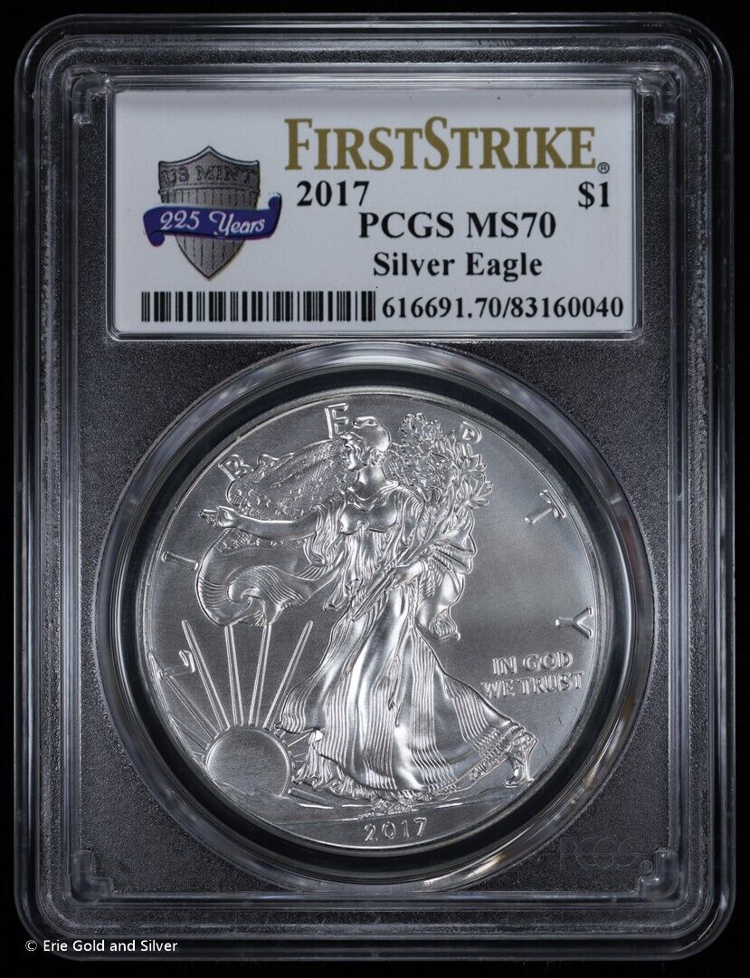 Erie Gold And Silver | 2017 American Silver Eagle PCGS MS 70 Frist Strike 225th Anniversary Label